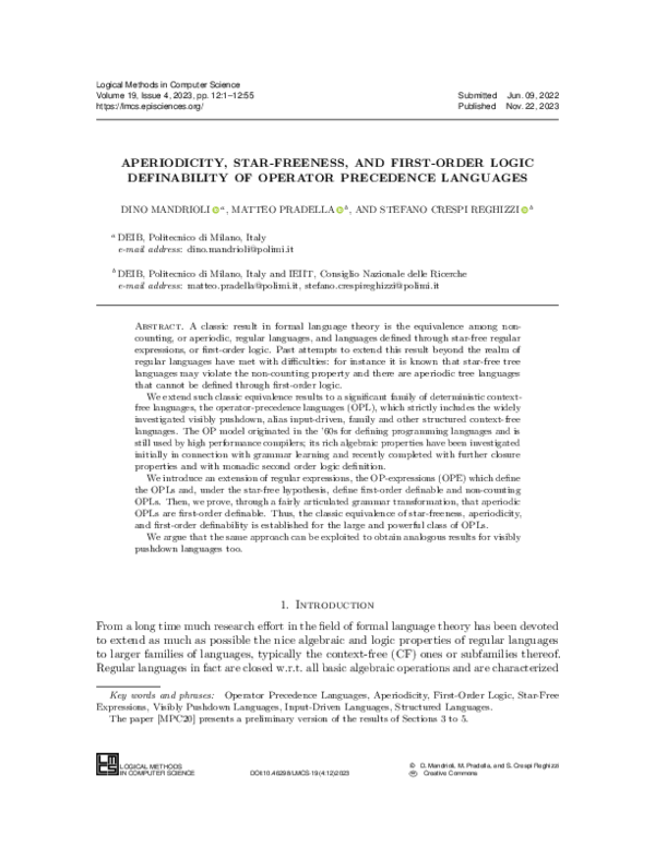 (PDF) Aperiodicity, Star-freeness, and First-order Logic Definability of Structured Context-Free ...