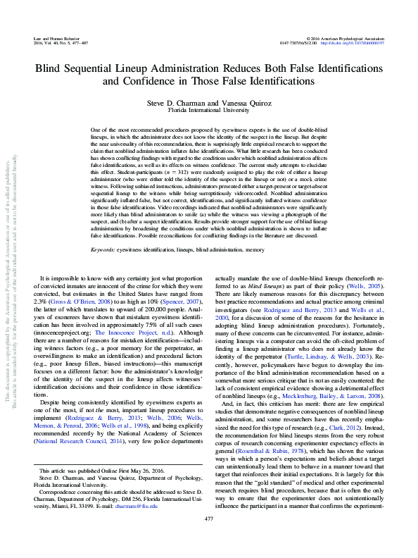 (PDF) Blind sequential lineup administration reduces both false ...