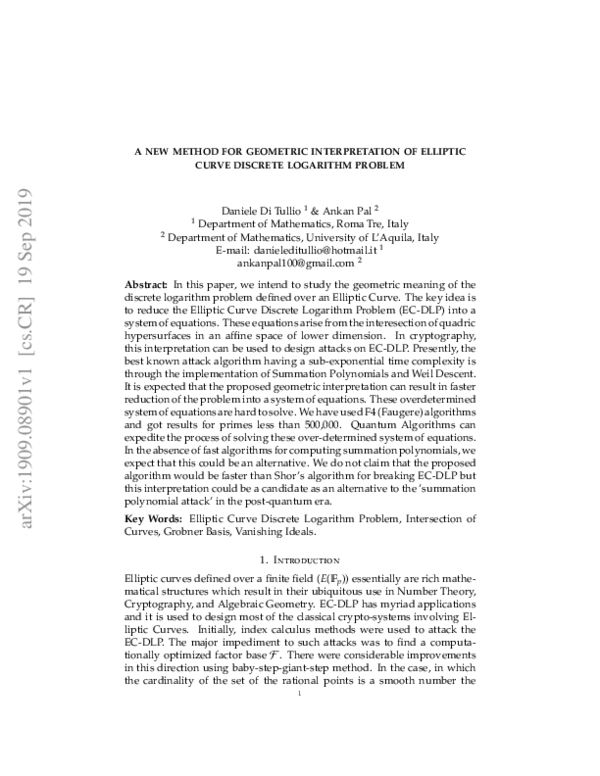 Pdf A New Method For Geometric Interpretation Of Elliptic Curve Discrete Logarithm Problem