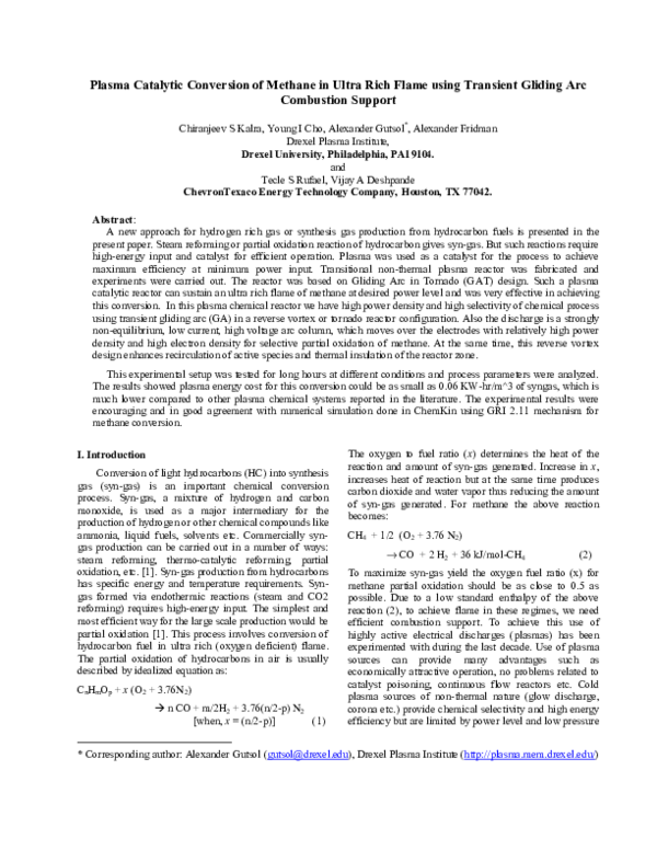 (PDF) Plasma Catalytic Conversion of Methane in Ultra Rich Flame using Transient Gliding Arc ...