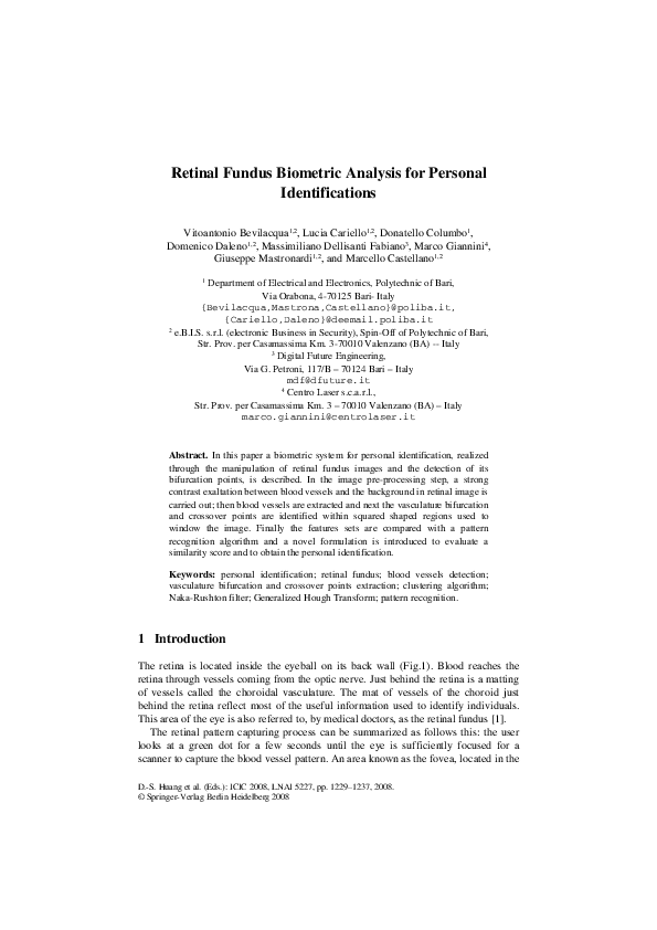 (PDF) Retinal Fundus Biometric Analysis for Personal Identifications