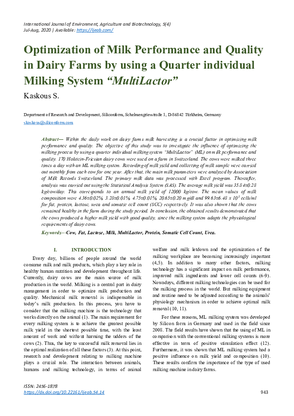 (PDF) Optimization of Milk Performance and Quality in Dairy Farms by using a Quarter individual ...