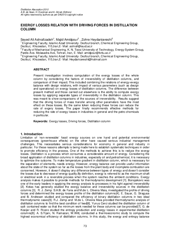 (PDF) Exergy Losses Relation with Driving Forces in Distillation Column