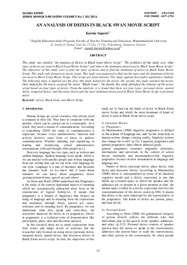 (PDF) An Analysis of Deixis in Black Swan Movie Script