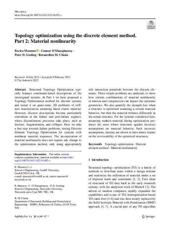 (PDF) Topology optimization using the discrete element method. Part 2: Material nonlinearity