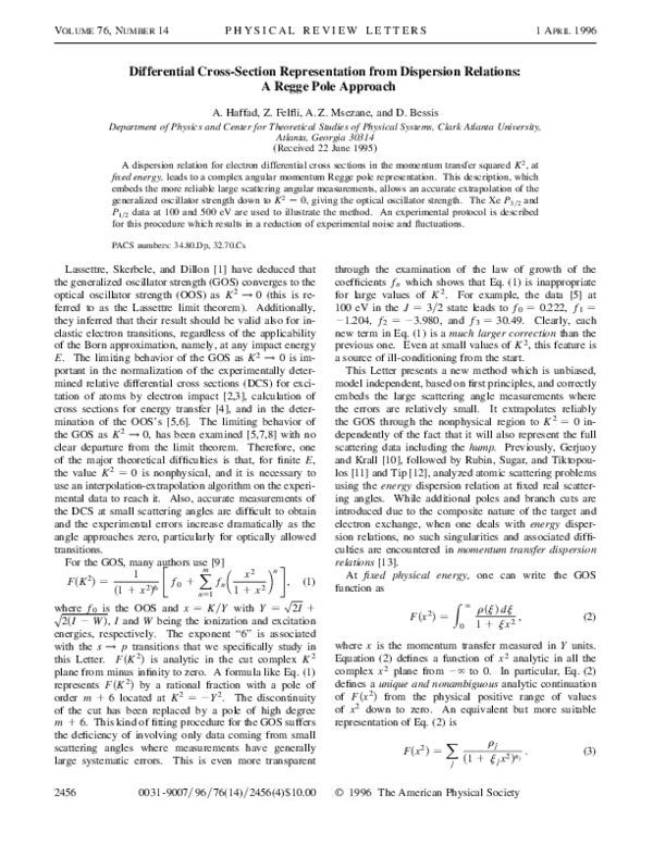 (PDF) Differential Cross-Section Representation from Dispersion Relations: A Regge Pole Approach