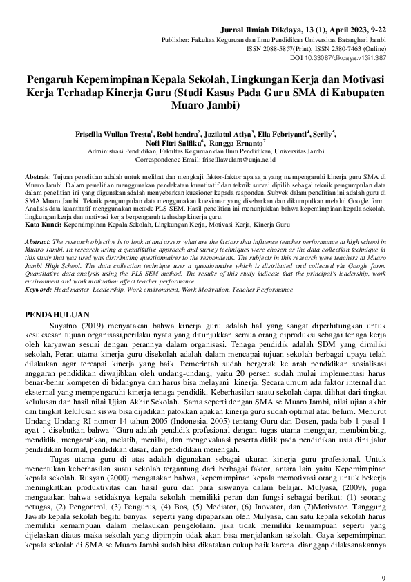 (PDF) Pengaruh Kepemimpinan Kepala Sekolah, Lingkungan Kerja dan Motivasi Kerja Terhadap Kinerja ...