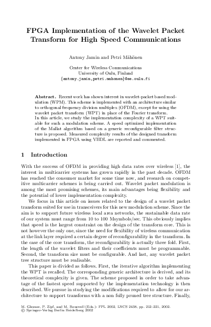 Pdf Fpga Implementation Of The Wavelet Packet Transform For High Speed Communications Antony