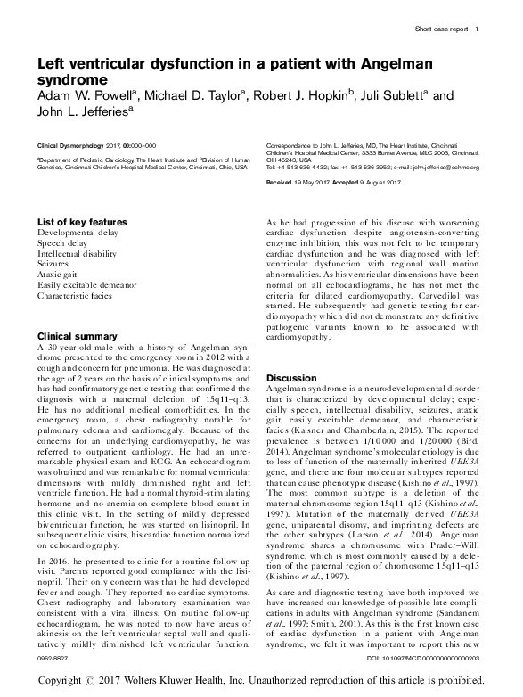 (PDF) Left ventricular dysfunction in a patient with Angelman syndrome
