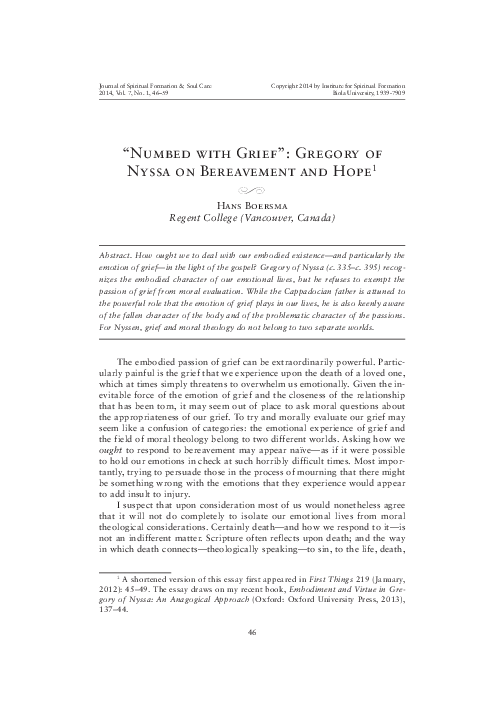 (PDF) "Numbed with Grief": Gregory of Nyssa on Bereavement and Hope