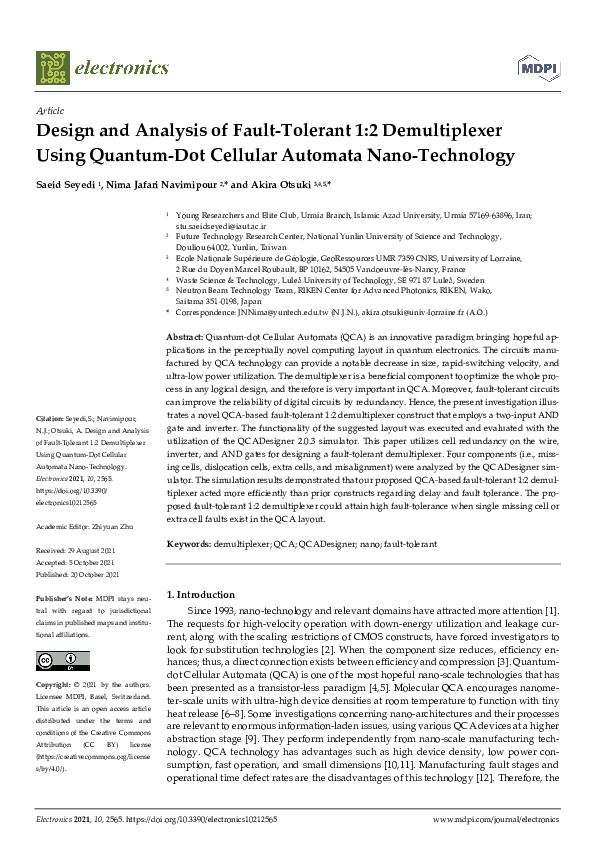 (PDF) Design and Analysis of Fault-Tolerant 1:2 Demultiplexer Using Quantum-Dot Cellular ...