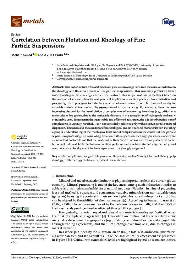 (PDF) Correlation between Flotation and Rheology of Fine Particle Suspensions