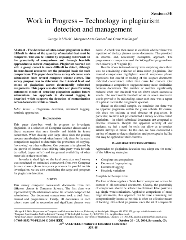 (PDF) Work in progress - technology in plagiarism detection and management