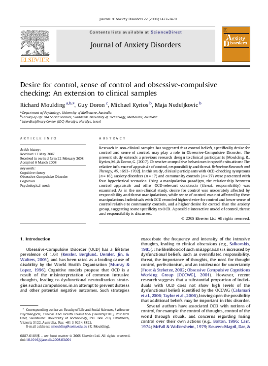 (PDF) Desire for Control, Sense of Control and Obsessive-Compulsive ...