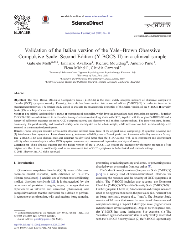 (PDF) Validation of the Italian version of the Yale-Brown Obsessive Compulsive Scale-Second ...