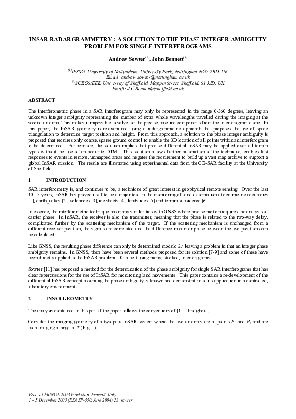 (PDF) InSAR radargrammetry: A solution to the phase integer ambiguity ...