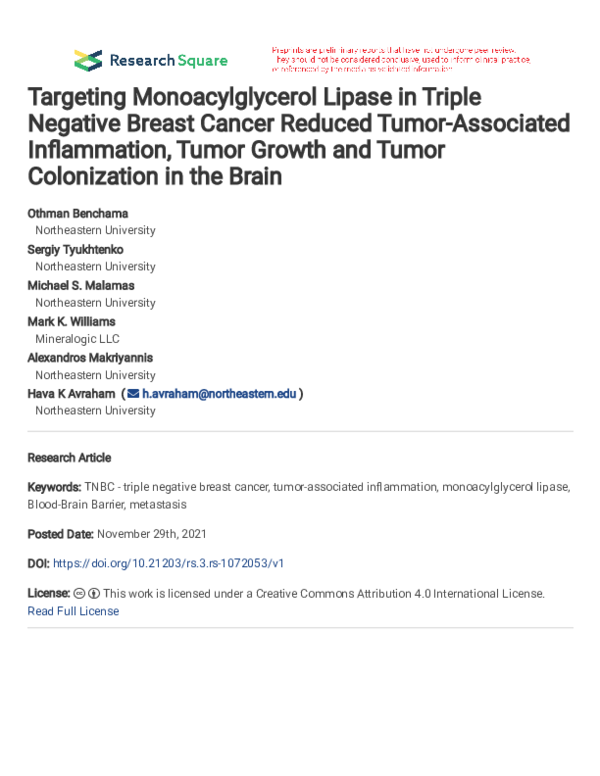 (PDF) Targeting Monoacylglycerol Lipase in Triple Negative Breast ...