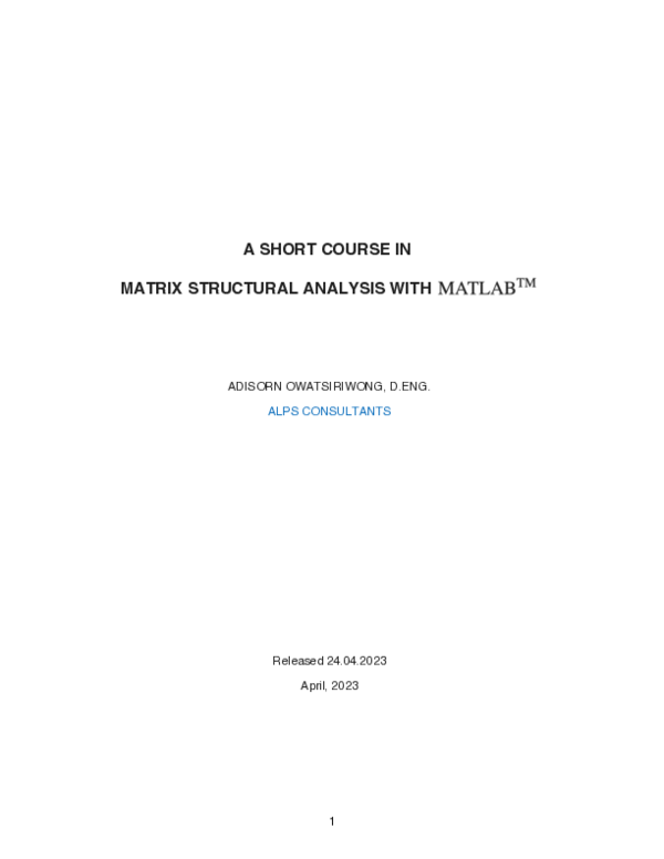 (PDF) A SHORT COURSE IN MATRIX STRUCTURAL ANALYSIS WITH MATLAB(tm)