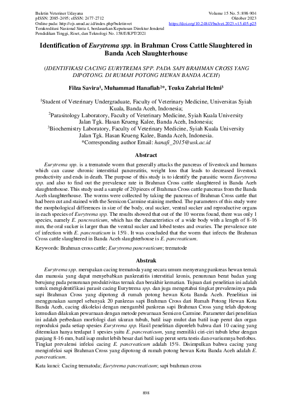 (PDF) Identification of Eurytrema Spp. In Brahman Cross Cattle Slaughtered in Banda Aceh ...