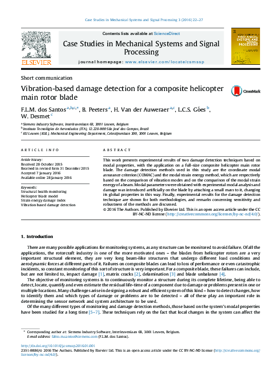 (PDF) Vibration-based damage detection for a composite helicopter main rotor blade