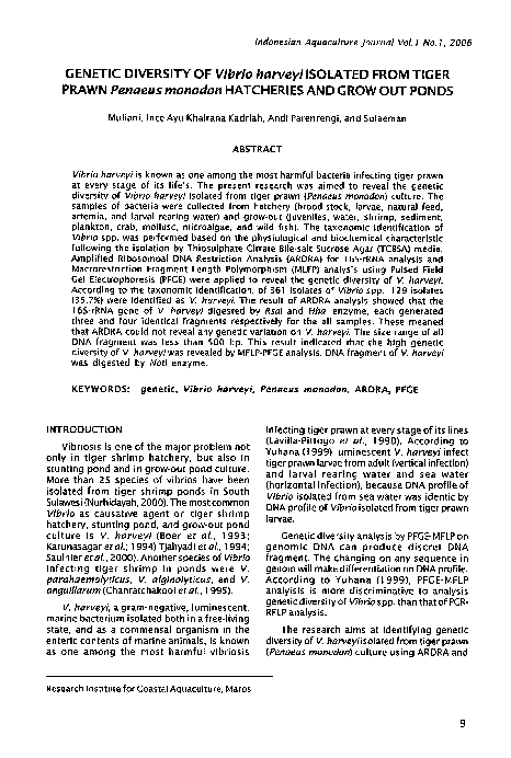 (PDF) GENETIC DIVERSITY OF Vibrio harveyi ISOLATED FROM TIGER PRAWN ...