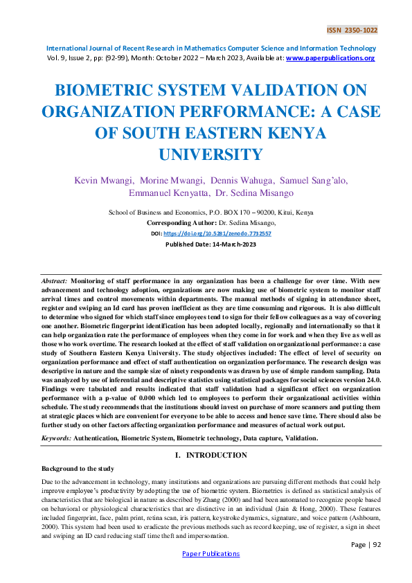 (PDF) Biometric System Validation on Organization Performance: A Case of South Eastern Kenya ...