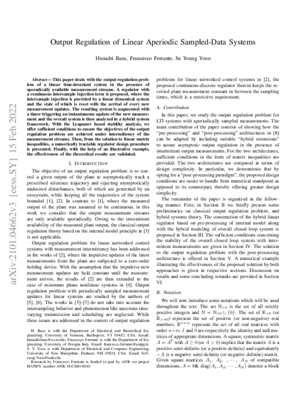 (PDF) Output Regulation of Linear Aperiodic Sampled-Data Systems | HIMADRI BASU - Academia.edu