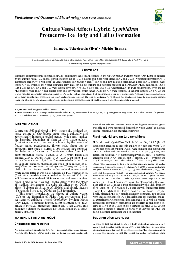 (PDF) Culture Vessel Affects Hybrid Cymbidium Protocorm-like Body and ...