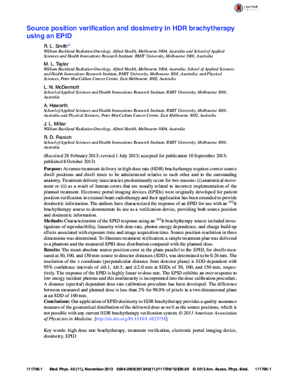 (PDF) Source position verification and dosimetry in HDR brachytherapy ...