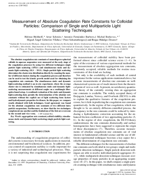 (PDF) Measurement of Absolute Coagulation Rate Constants for Colloidal Particles: Comparison of ...
