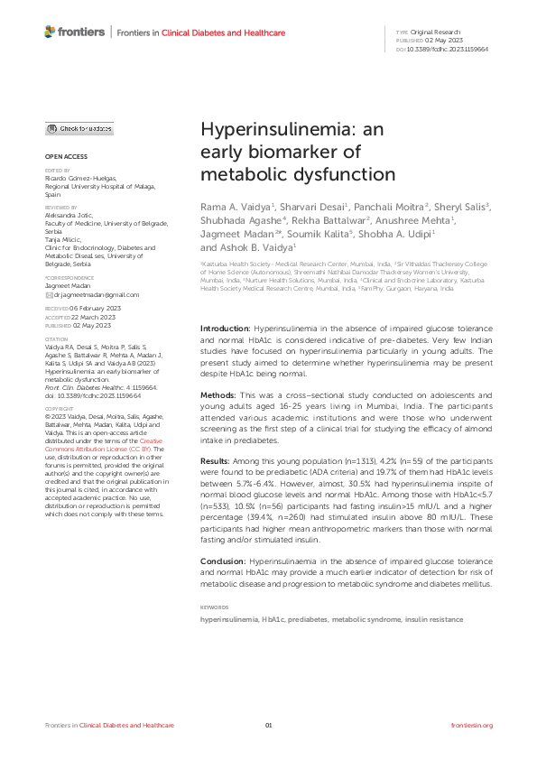 (PDF) Hyperinsulinemia: an early biomarker of metabolic dysfunction