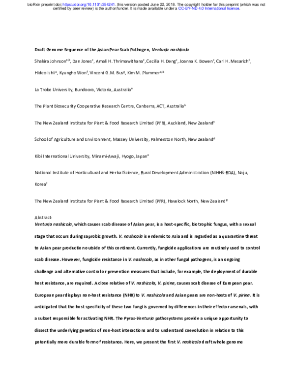 (PDF) Draft Genome Sequence of the Asian Pear Scab Pathogen, Venturia ...