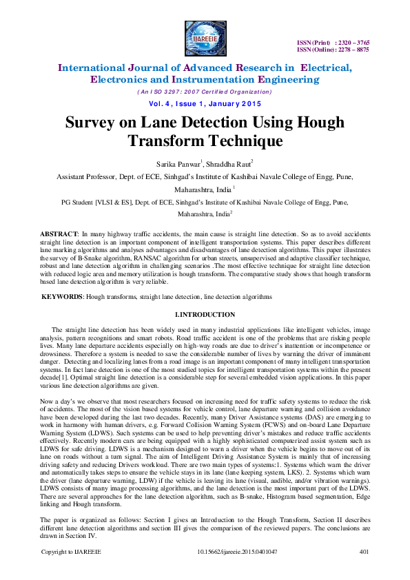 Pdf Survey On Lane Detection Using Hough Transform Technique