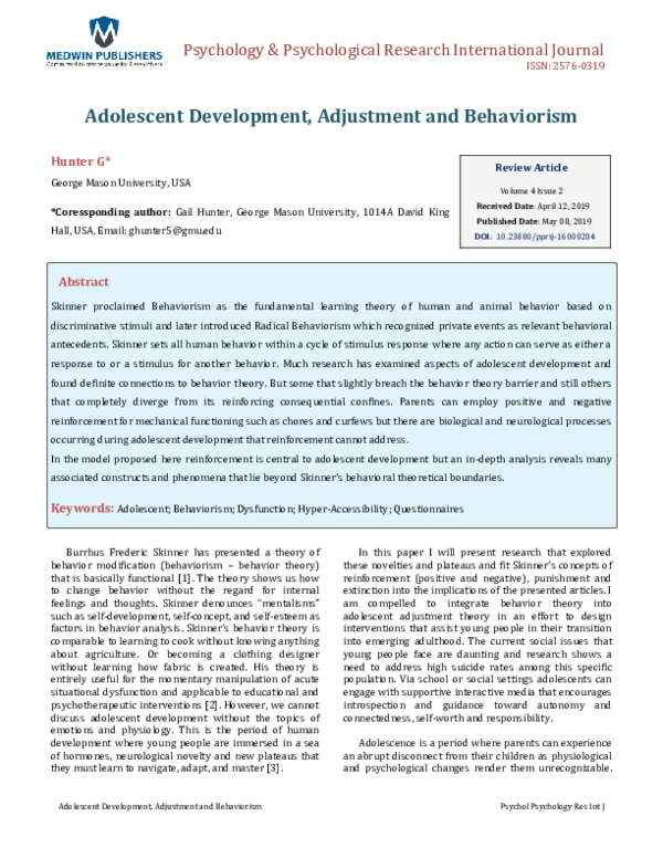 (PDF) Adolescent Development, Adjustment and Behaviorism
