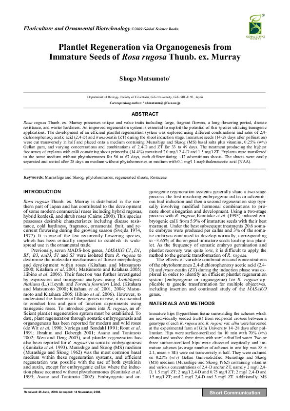 (PDF) Plantlet Regeneration via Organogenesis from Immature Seeds of ...