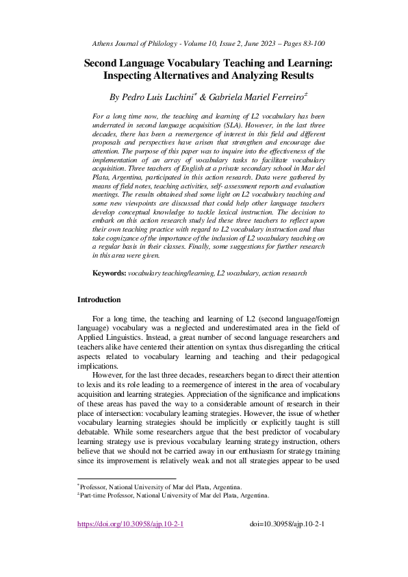 (PDF) Second Language Vocabulary Teaching and Learning: Inspecting Alternatives and Analyzing ...