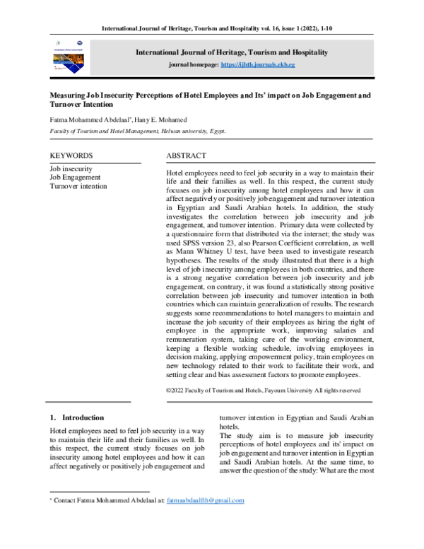 (PDF) Measuring Job Insecurity Perceptions of Hotel Employees and Its’ impact on Job Engagement ...