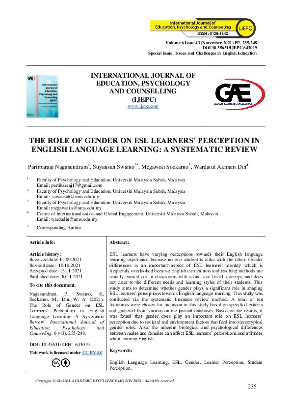 (PDF) The Role of Gender on Esl Learners’ Perception in English ...