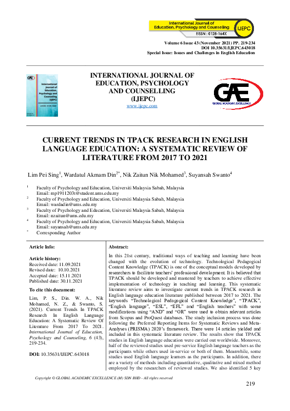 (PDF) Current Trends in Tpack Research in English Language Education: A ...