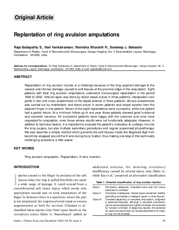 (PDF) Replantation of ring avulsion amputations