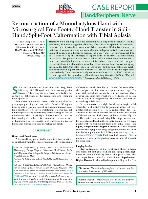 (PDF) Reconstruction of a Monodactylous Hand with Microsurgical Free ...