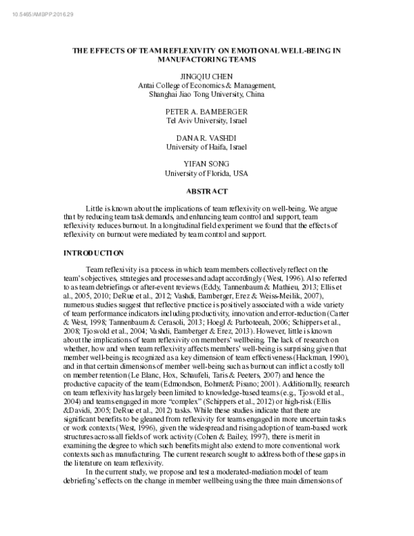 (PDF) The effects of Team Reflexivity on Emotional Well-being in ...