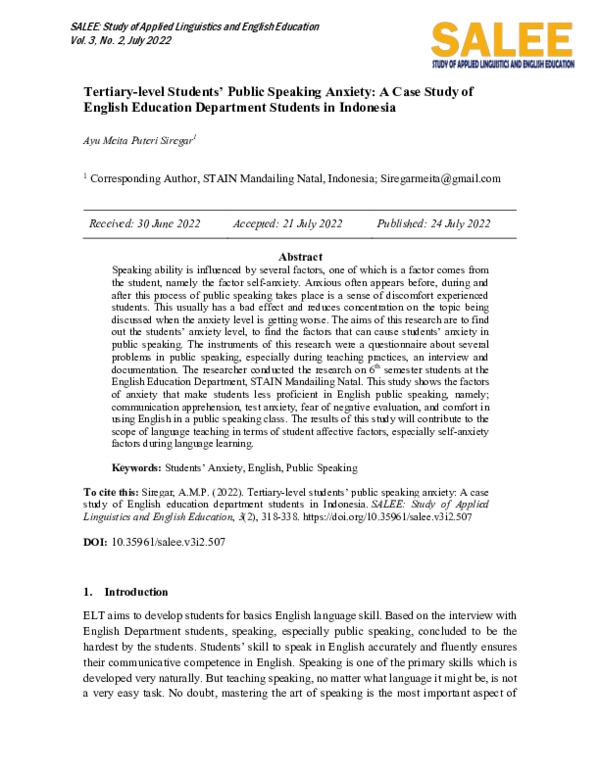 (PDF) Tertiary-level Students’ Public Speaking Anxiety: A Case Study of ...