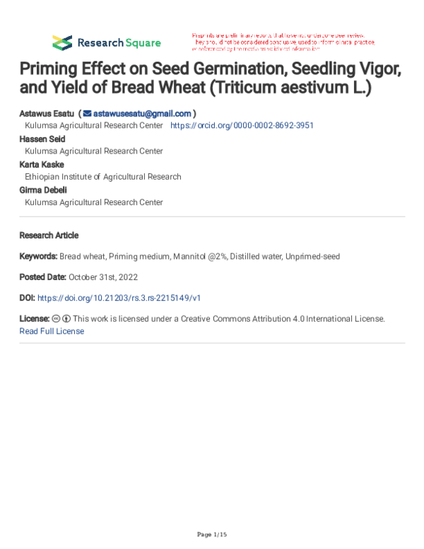 (PDF) Priming Effect on Seed Germination, Seedling Vigor, and Yield of Bread Wheat (Triticum ...