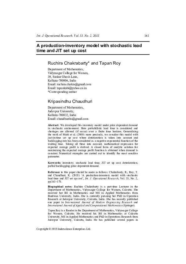 (PDF) A production-inventory model with stochastic lead time and JIT ...