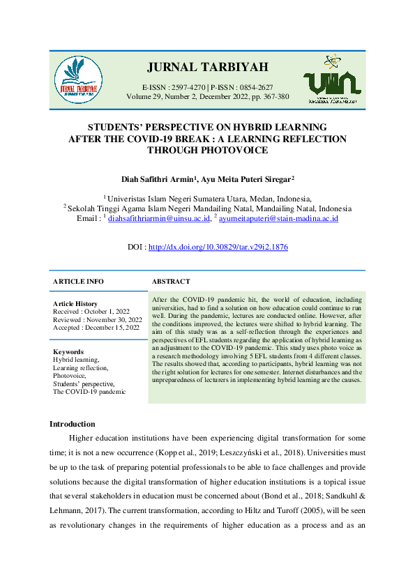 (PDF) Students’ Perspective on Hybrid Learning After the COVID-19 Break : A Learning Reflection ...