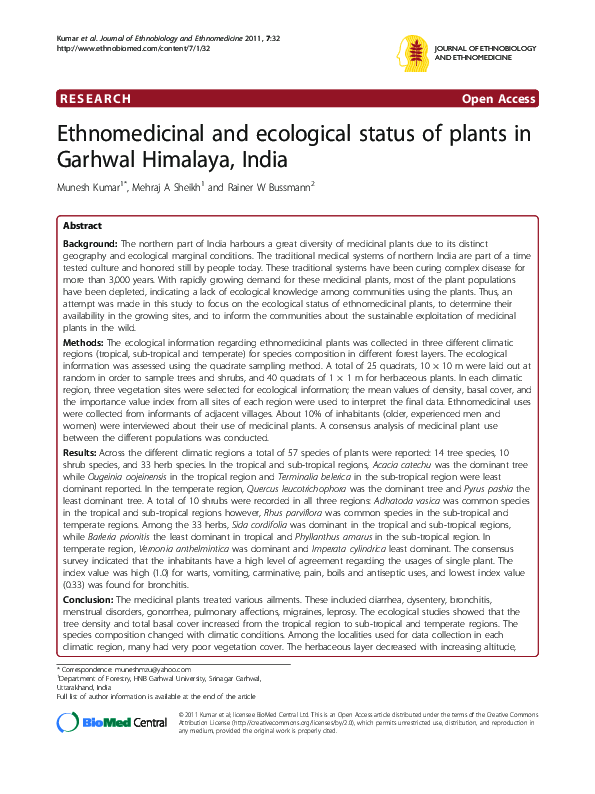 (PDF) Ethnomedicinal and ecological status of plants in Garhwal Himalaya, India