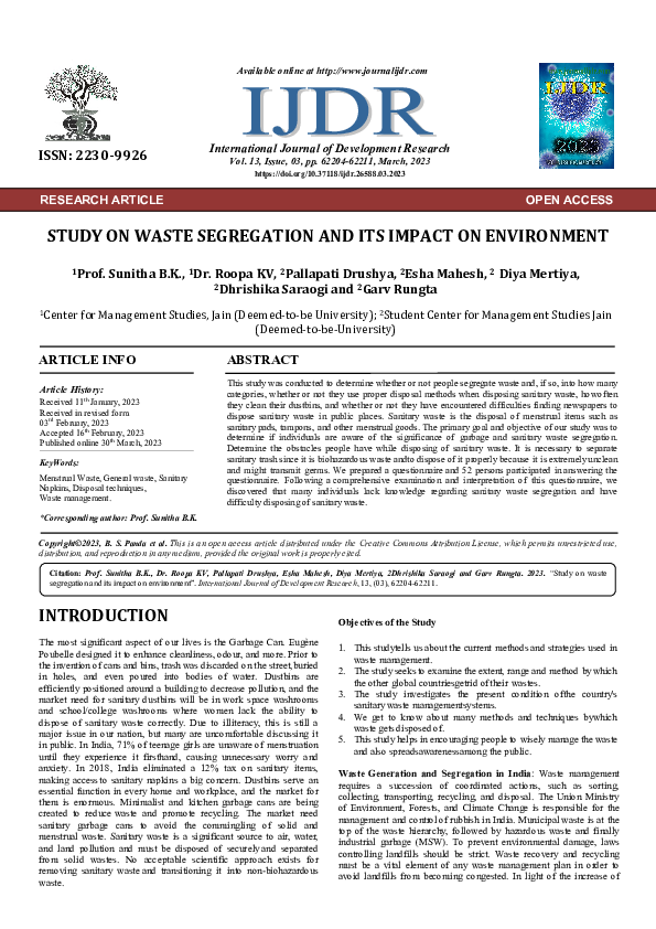 (PDF) STUDY ON WASTE SEGREGATION AND ITS IMPACT ON ENVIRONMENT