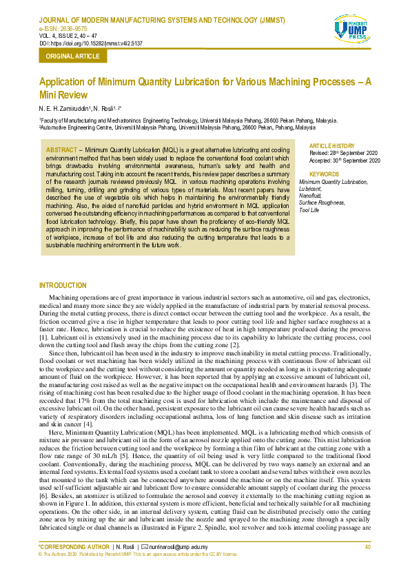 (PDF) Application of Minimum Quantity Lubrication for Various Machining Processes – A Mini Review