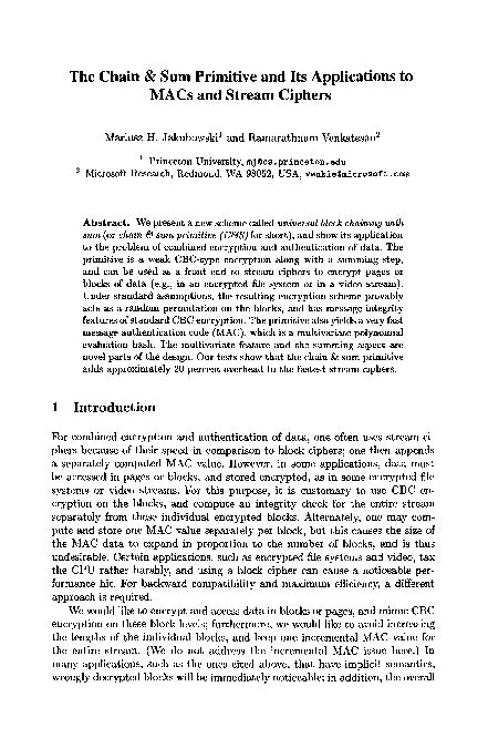 (PDF) The chain & sum primitive and its applications to MACs and stream ...